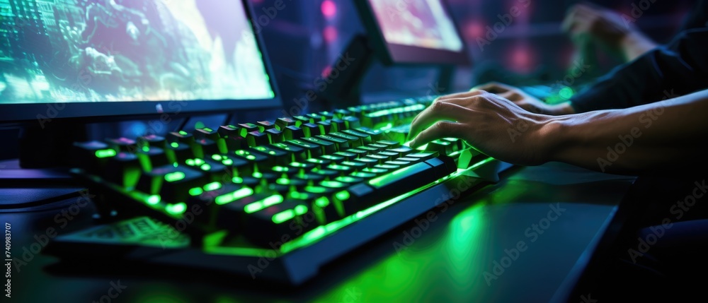 Intense nighttime gaming session with backlit mechanical keyboards and ...