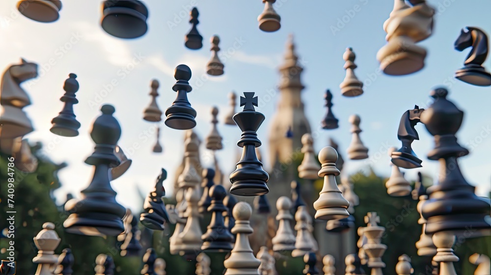 The image features an array of black and white chess pieces, seemingly ...
