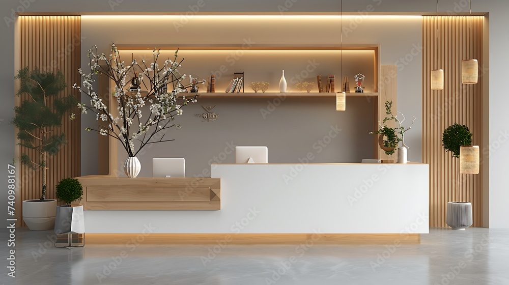 Nordic minimalist reception front desk design with white oak accents ...