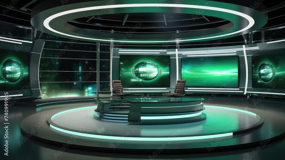 Virtual TV news broadcast studio set background with a suspended ...