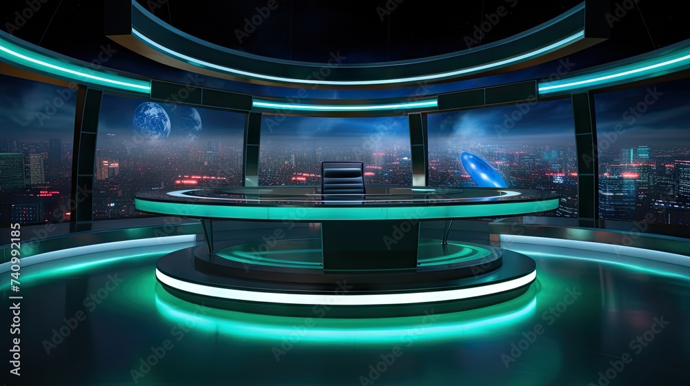 Virtual TV news broadcast studio set background with a suspended ...