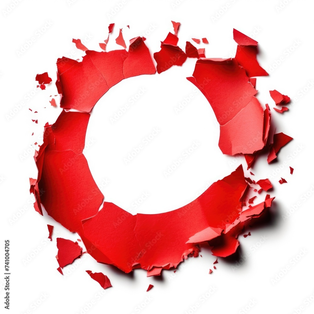 This image features a round piece of red paper that has been torn or ...