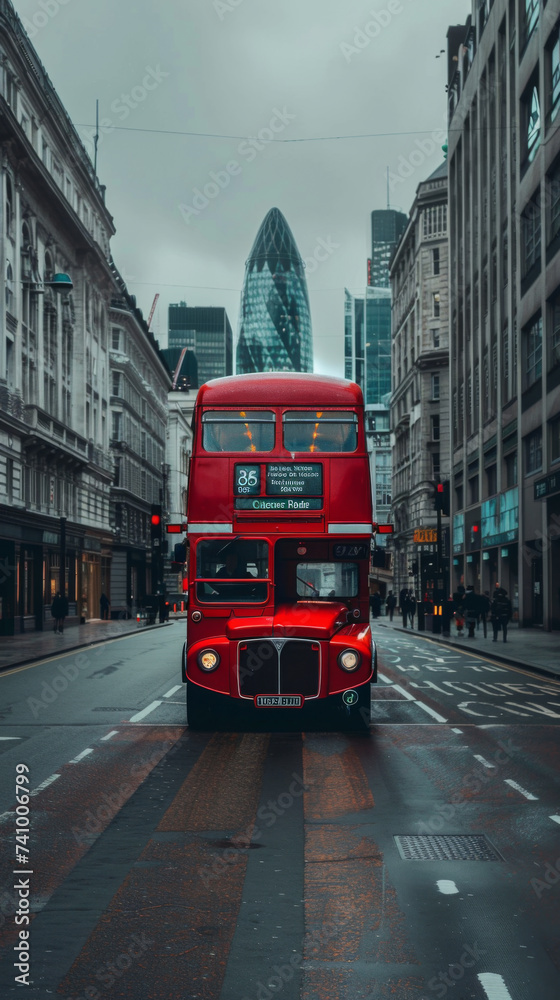 Classic London Bus Scene - Iconic red double-decker bus on a desolate ...