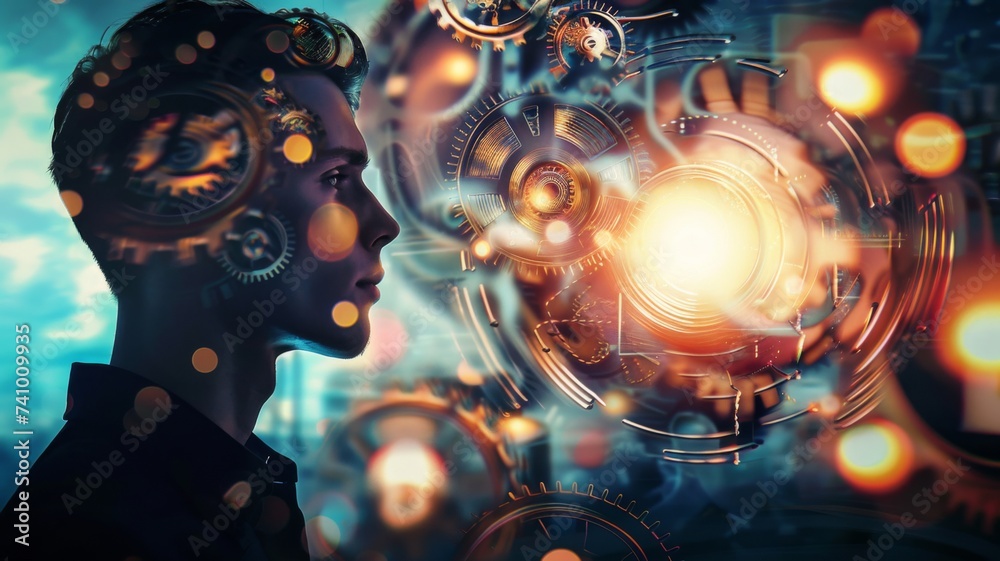 Man with Gear Mechanism Head Profile - Profile of a man with a head ...