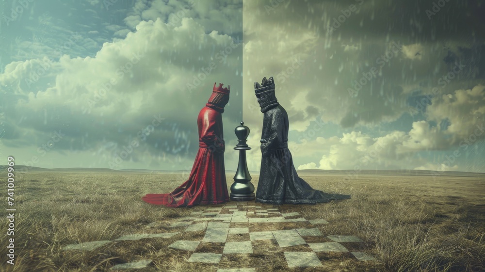 Strategic Game of Life - Chess pieces in a vast field under a divided ...