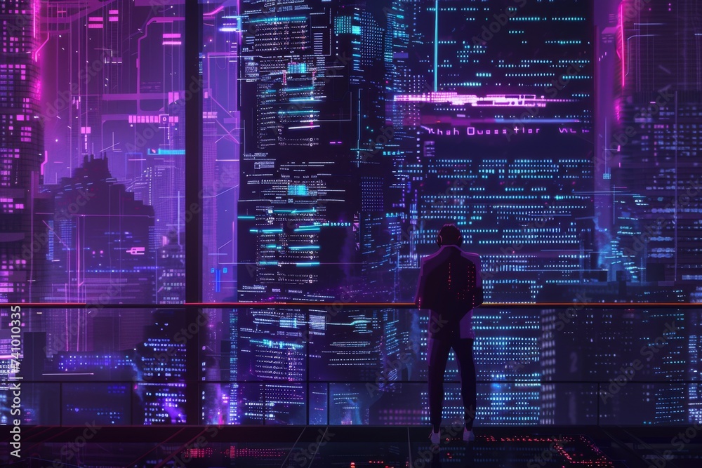 Contemplative Man Overlooking City - A lone figure stands before a ...