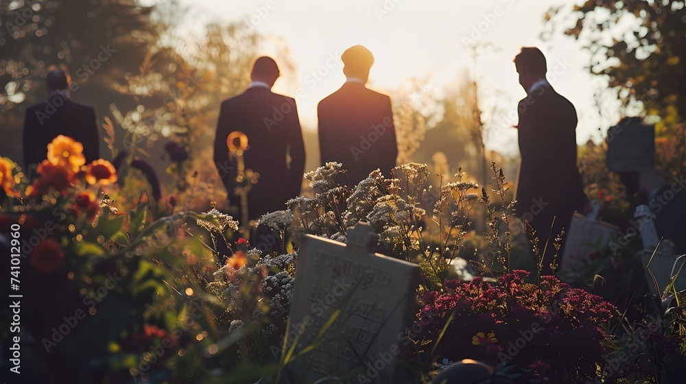 Mourning at sunset, respectful silence, honoring the departed. people ...