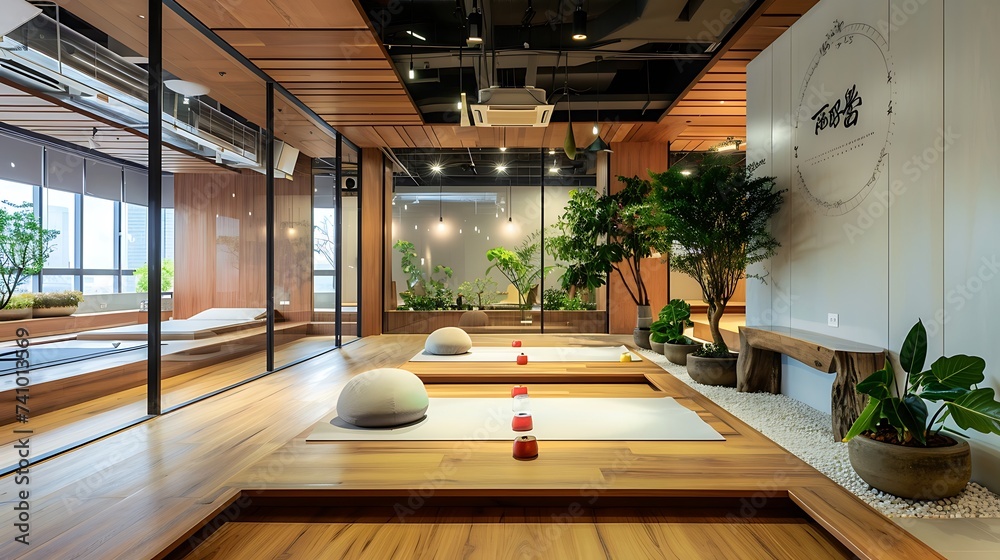 Modern wellness retreat office with yoga studio and organic cafe ...