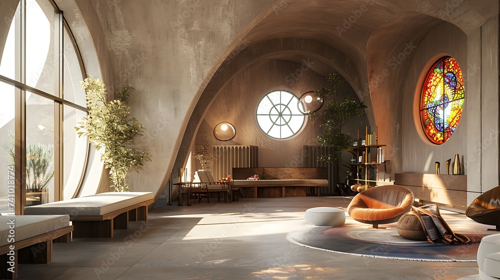 Monastery inspired office with peaceful meditation rooms and stained ...