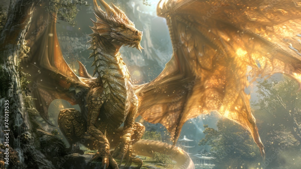 Golden Dragon Majesty - A golden dragon illuminated by sunlight in a ...