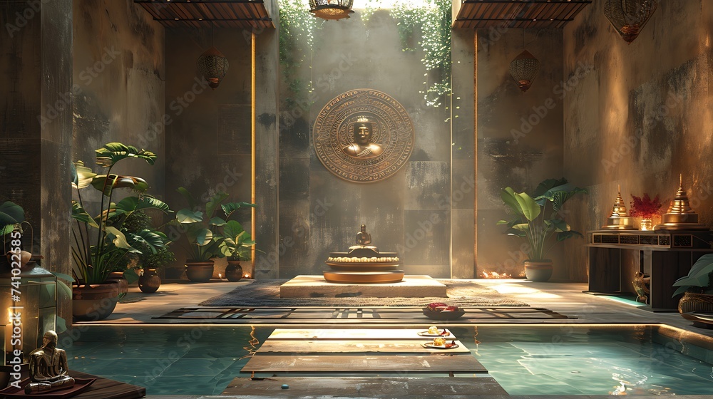 Ancient temple inspired office with sacred relics and mystical ambiance ...