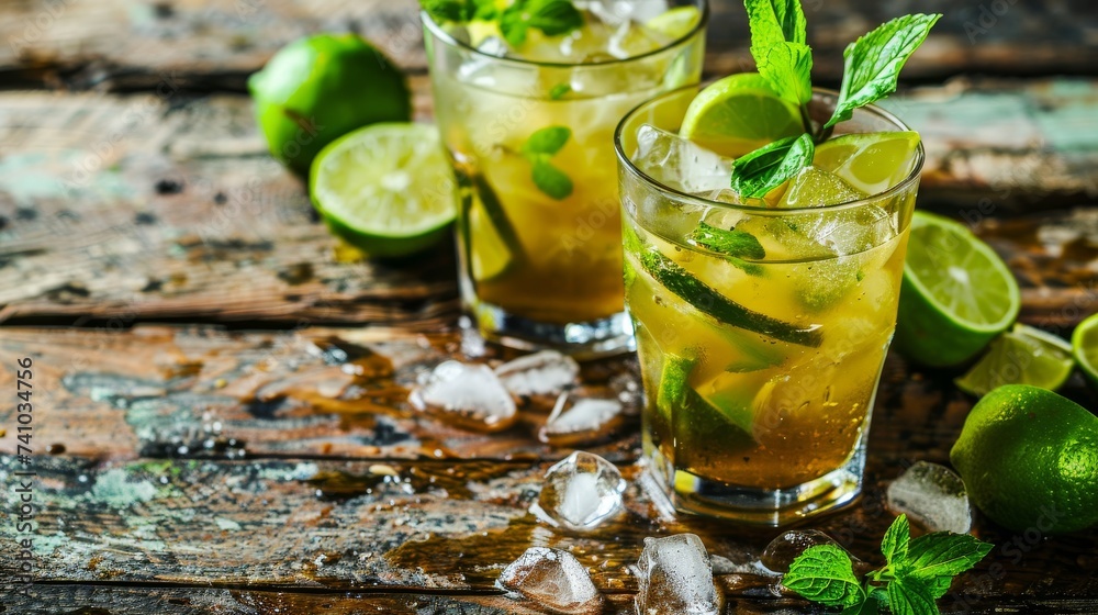 Refreshing citrus cocktails on a hot summer day, adorned with vibrant lime garnishes and served ...