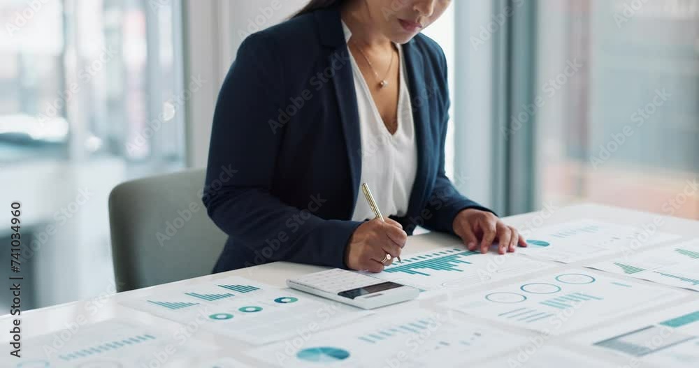 Business woman, calculator and financial statistics, graphs or charts ...