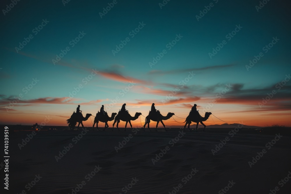 Silhouette people riding camels in desert native tuareg arabic african ...