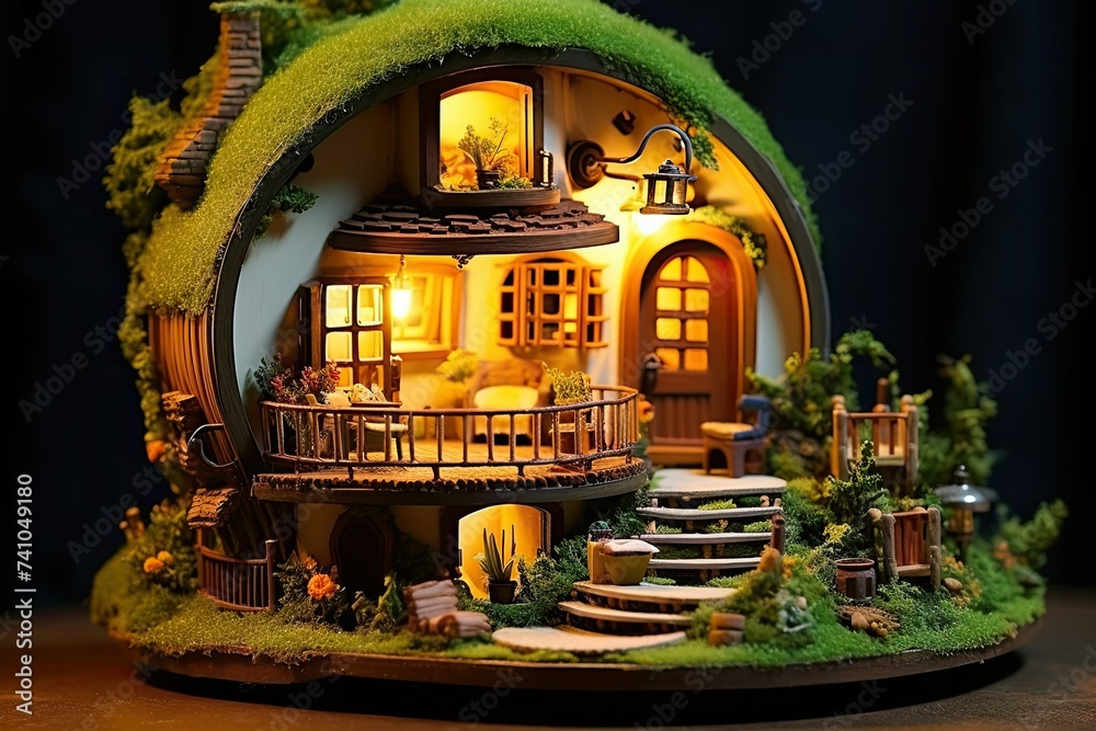 Mini model of a house designed with grass on a dark background. Festive ...