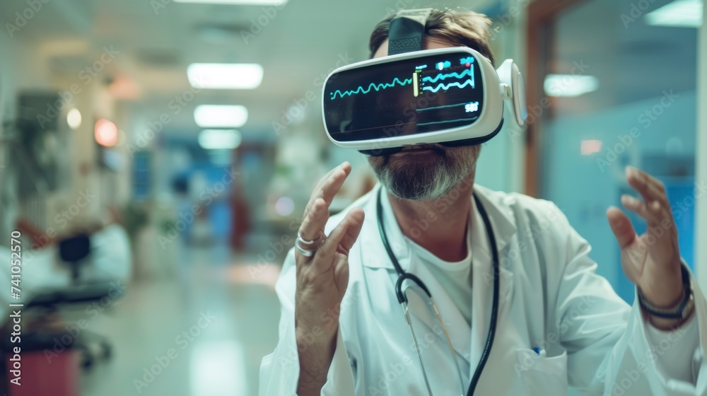 doctor in a gown in a hospital with virtual reality glasses in a real ...