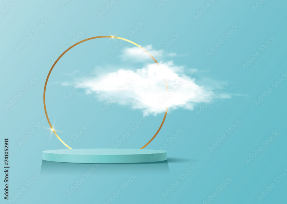3d platform studio display minimal scene, gold round frame and fluffy ...
