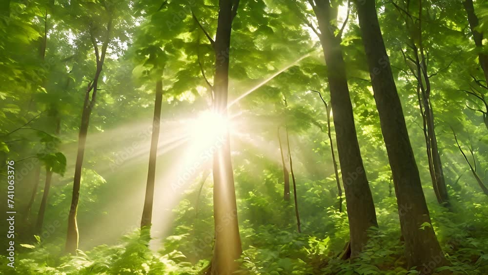 Suns rays penetrate the dense forest canopy, creating a mesmerizing ...