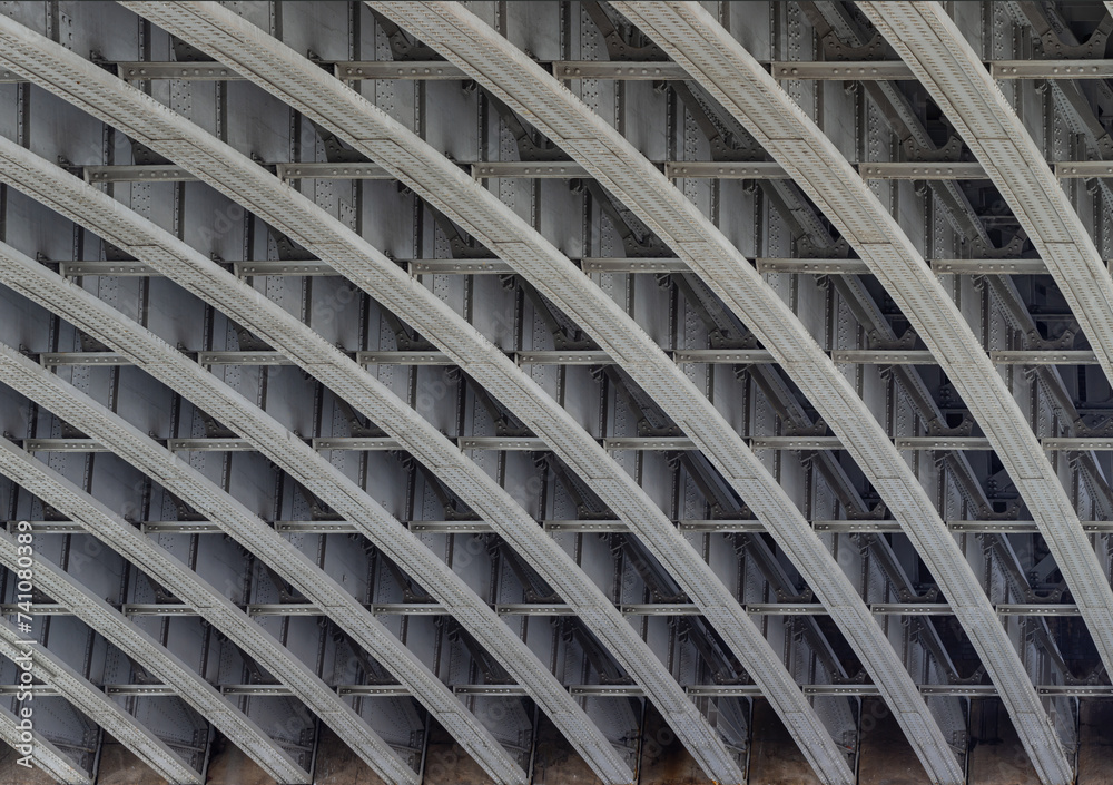 View of Structure and beams under the Curved steel Bridge. Framework ...