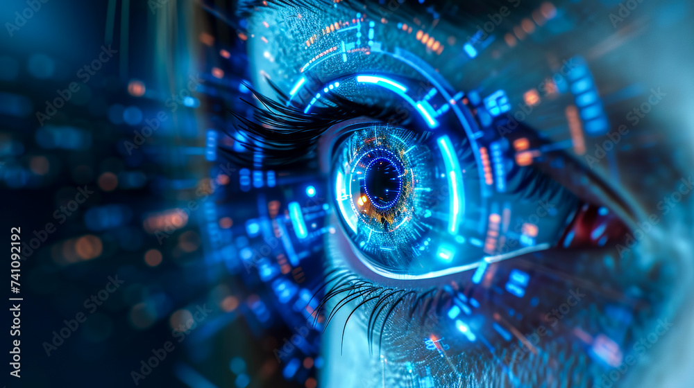 close-up of an eye with artificial intelligence in the retina. Digital ...