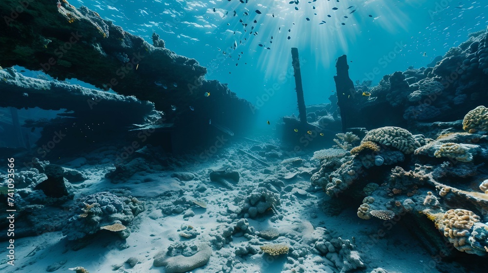 Ecological Crisis, coral reef, collapsed structures, ocean, marine life ...