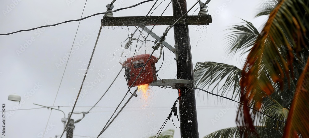 Damaged power lines in a residential area after a severe storm causing ...