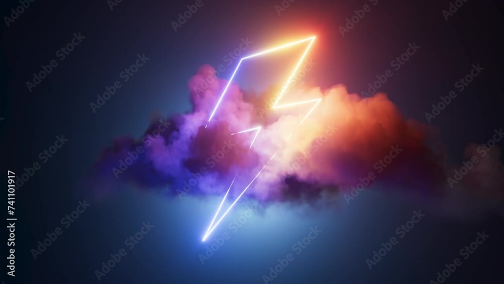 cycled 3d animation, abstract neon background. Glowing linear lightning symbol inside the ...