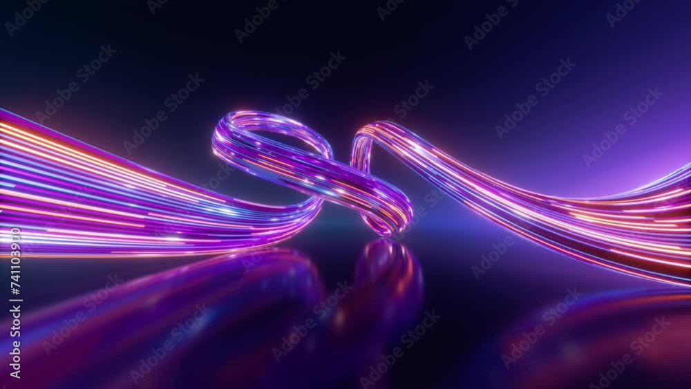 looped 3d animation. light pulses glide along curved neon lines ...