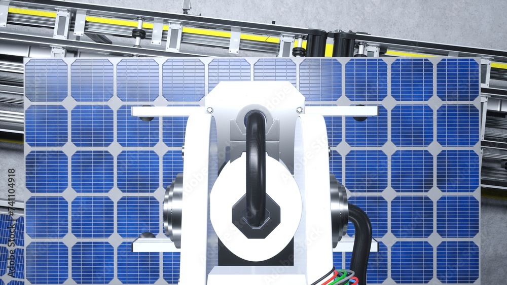 Aerial shot of cutting edge robotic arm placing solar panel on ...