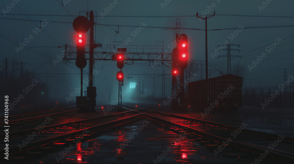 Nocturnal Junction: Railway Under the Red Signals, train crossing Stock ...