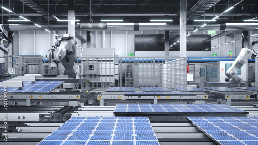 Busy solar panel factory with robot arms placing photovoltaic modules ...