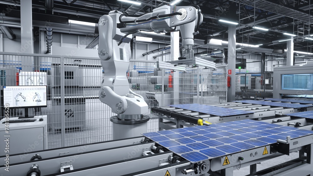 Solar panels moved on conveyor belts during high tech production ...
