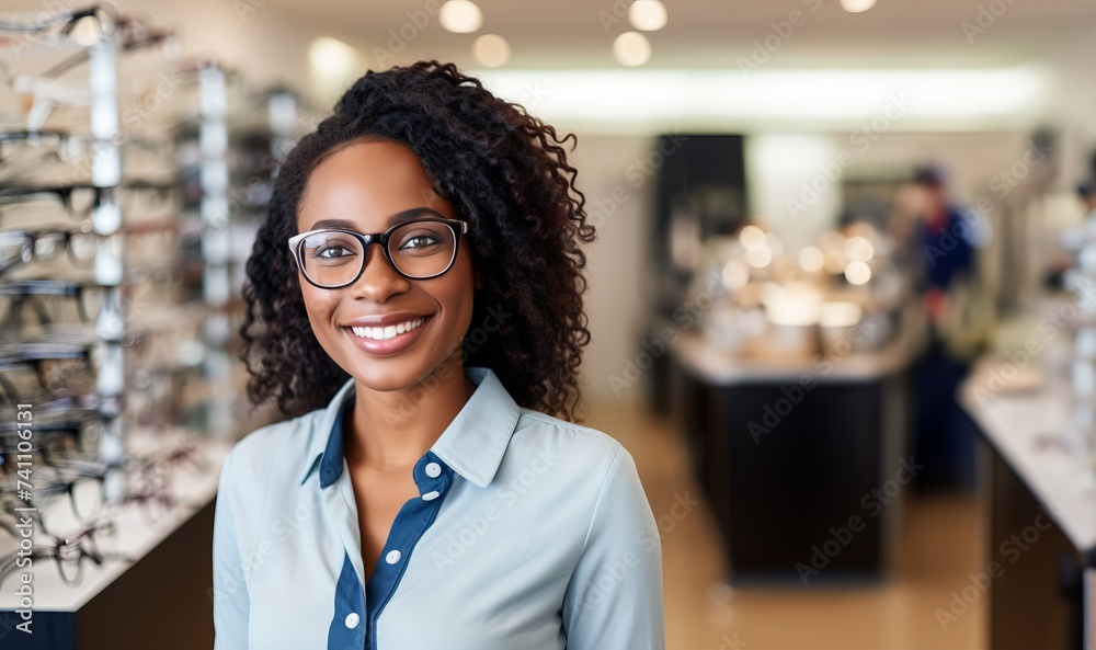 African-American woman is seen in an optical store trying on eyeglasses ...