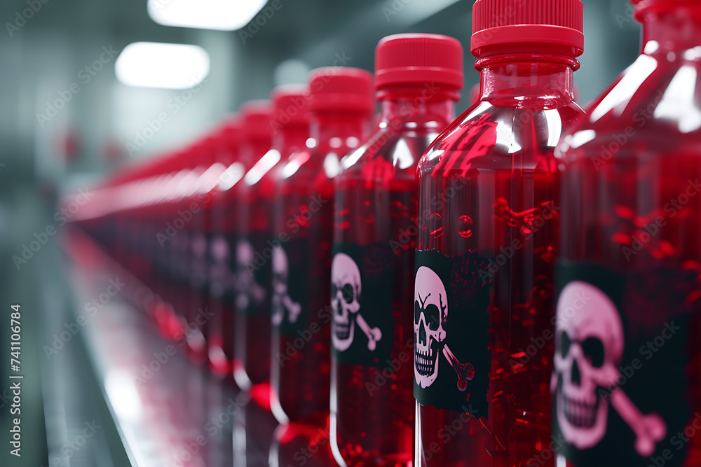 Plastic poison bottles containing a red liquid, with a skull symbol ...
