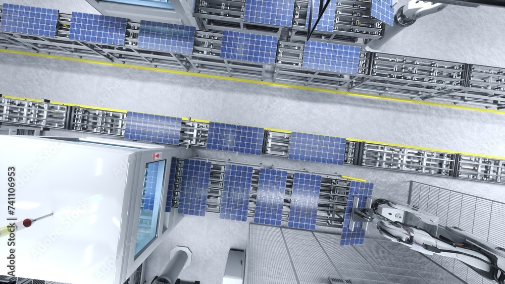 Top down view of solar panel factory with industrial robot arms placing ...