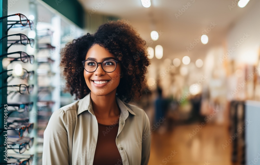 African-American woman is seen in an optical store trying on eyeglasses ...