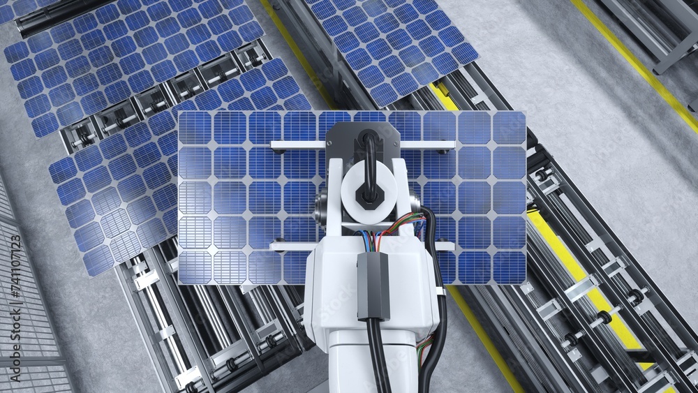 POV of robot arm moving solar panels on conveyor belts during automated ...