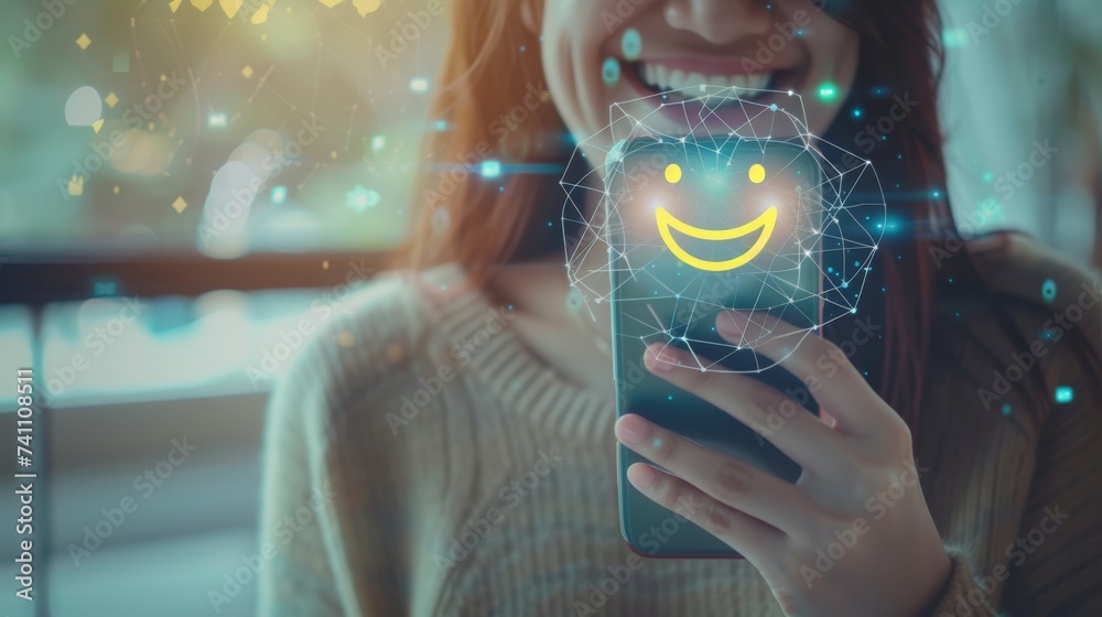 woman touching smartphone screen using smiley face emoticon with IoT ...