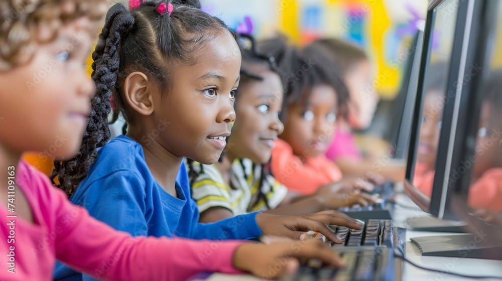 Diverse children learning computer skills in a collaborative classroom ...