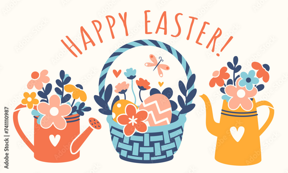 Warm greeting message for a joyful Easter! Retro cottagecore horizontal ...