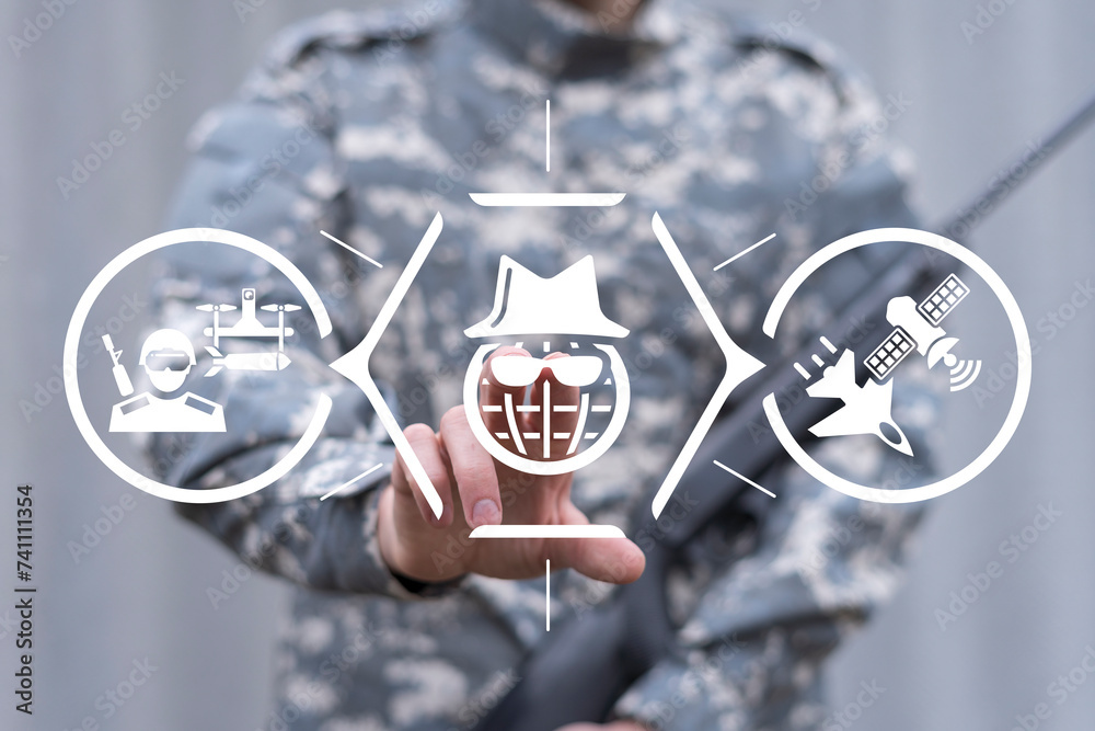 Soldier using virtual touch screen presses icon: earth globe wearing ...