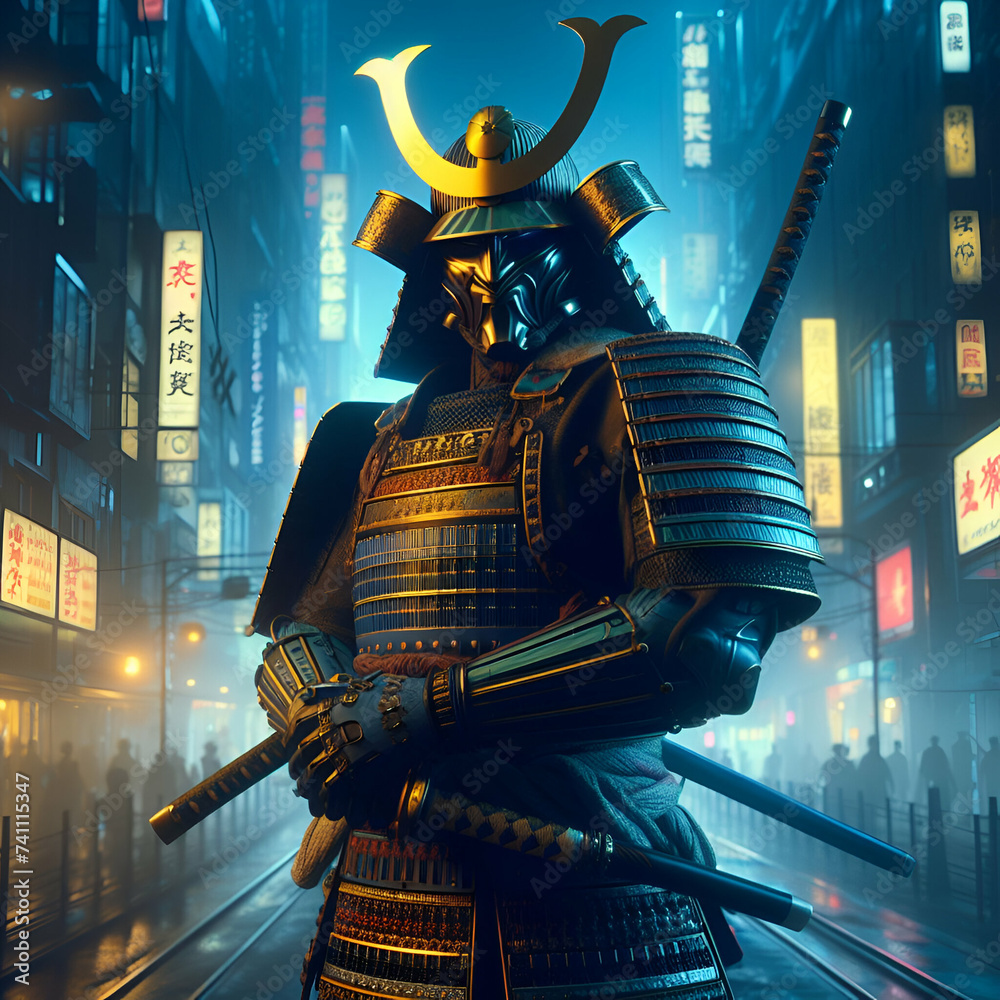 Samurai in Sleek Armor Standing, Scanning the Futuristic Night Street ...