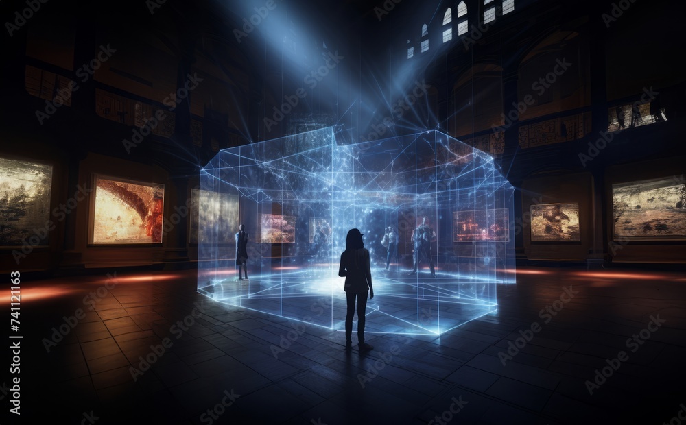 In a futuristic museum, holograms vividly depict the history of the ...