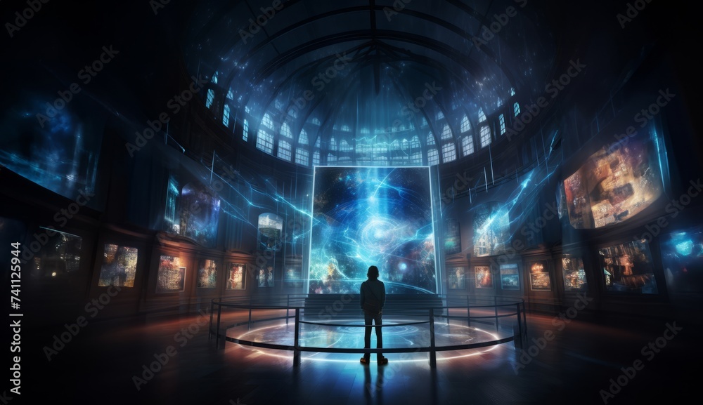 In a futuristic museum, holograms vividly depict the history of the ...