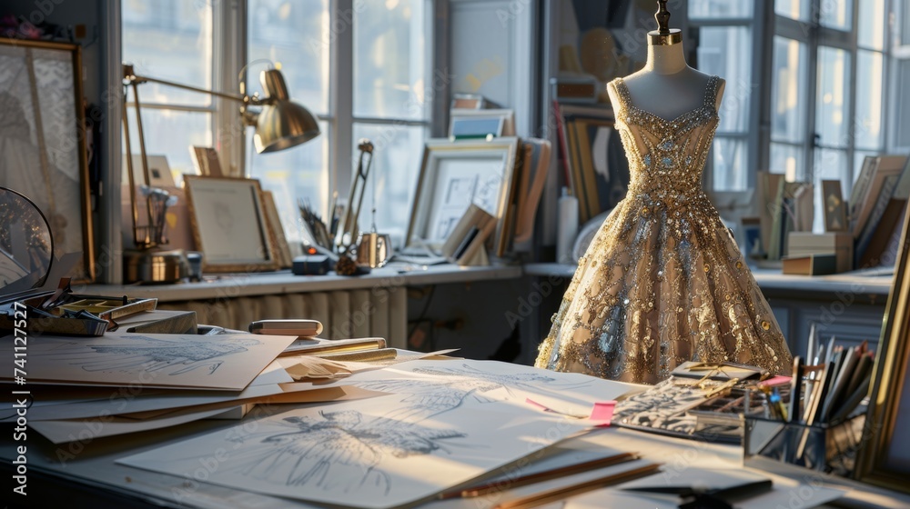 Fashion designer studio a personal computer working clothes hanging ...