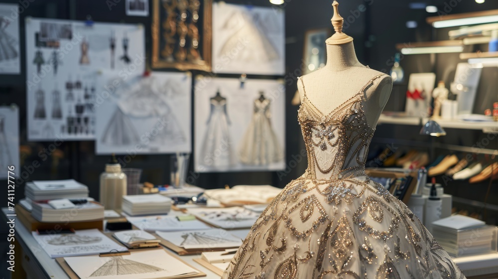 Fashion designer studio a personal computer working clothes hanging ...