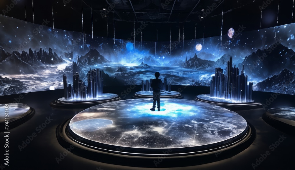 In a futuristic museum, holograms vividly depict the history of the ...