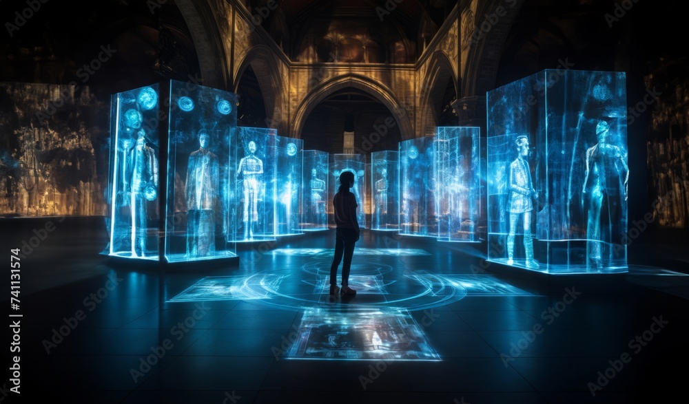 In a futuristic museum, holograms vividly depict the history of the ...