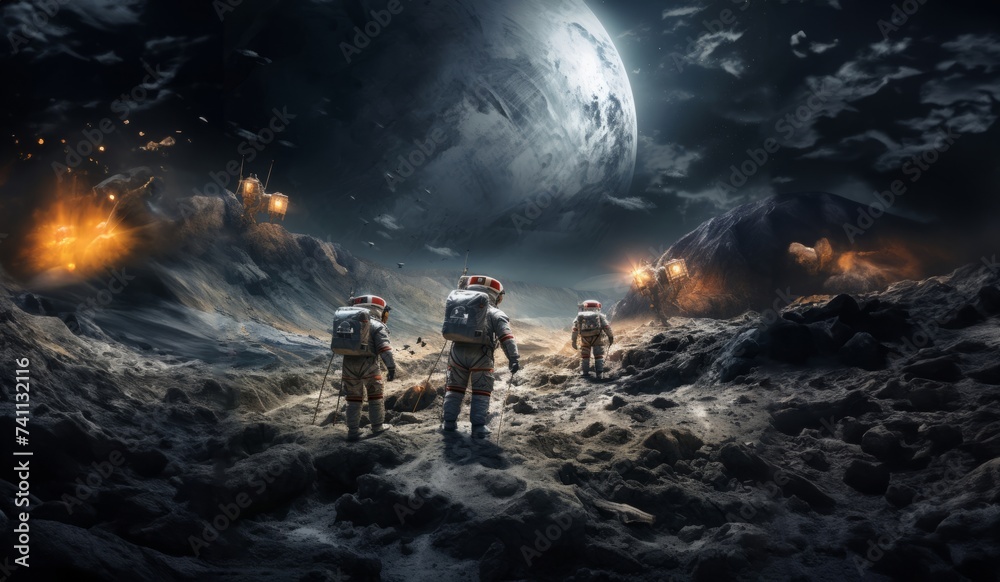 A group of modern astronauts is depicted exploring the hazardous ...