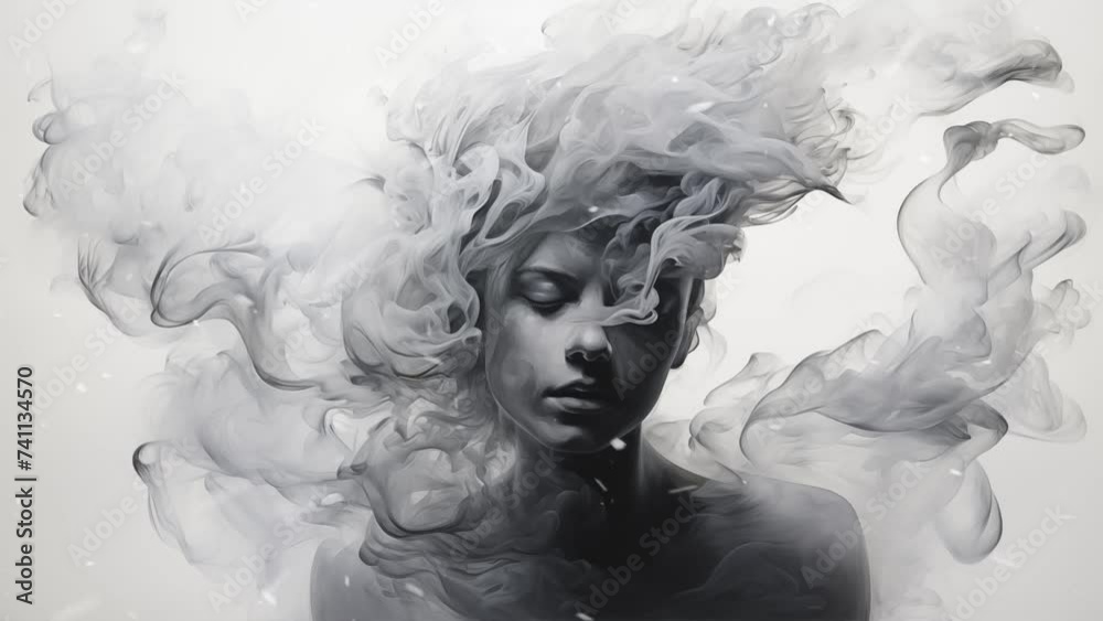 man formed in swirling smoke an abstract ink master. white background ...